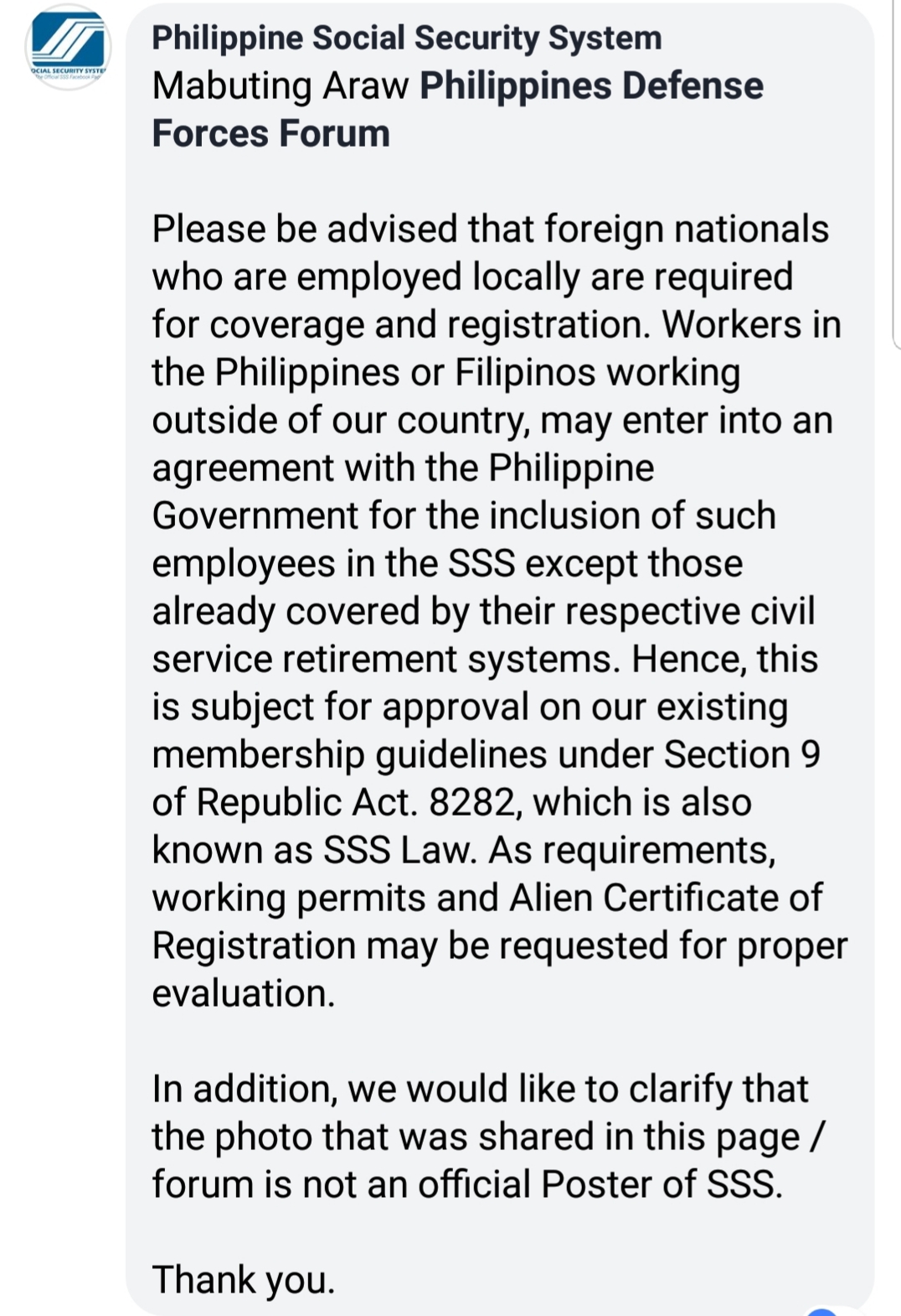 False: SSS 'exclusively for Filipino citizens'