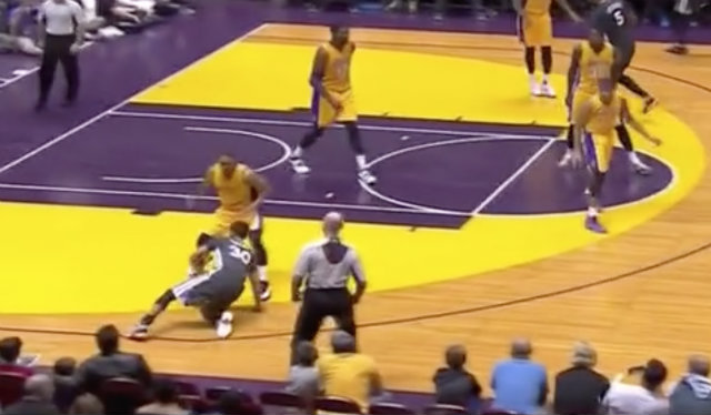 WATCH: Steph Curry slips but still nails 3-pointer over Jordan Clarkson